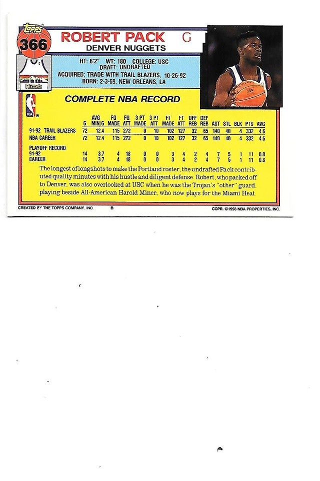 Robert Pack 1992-93 Topps Basketball Card #366 Denver Nuggets | eBay