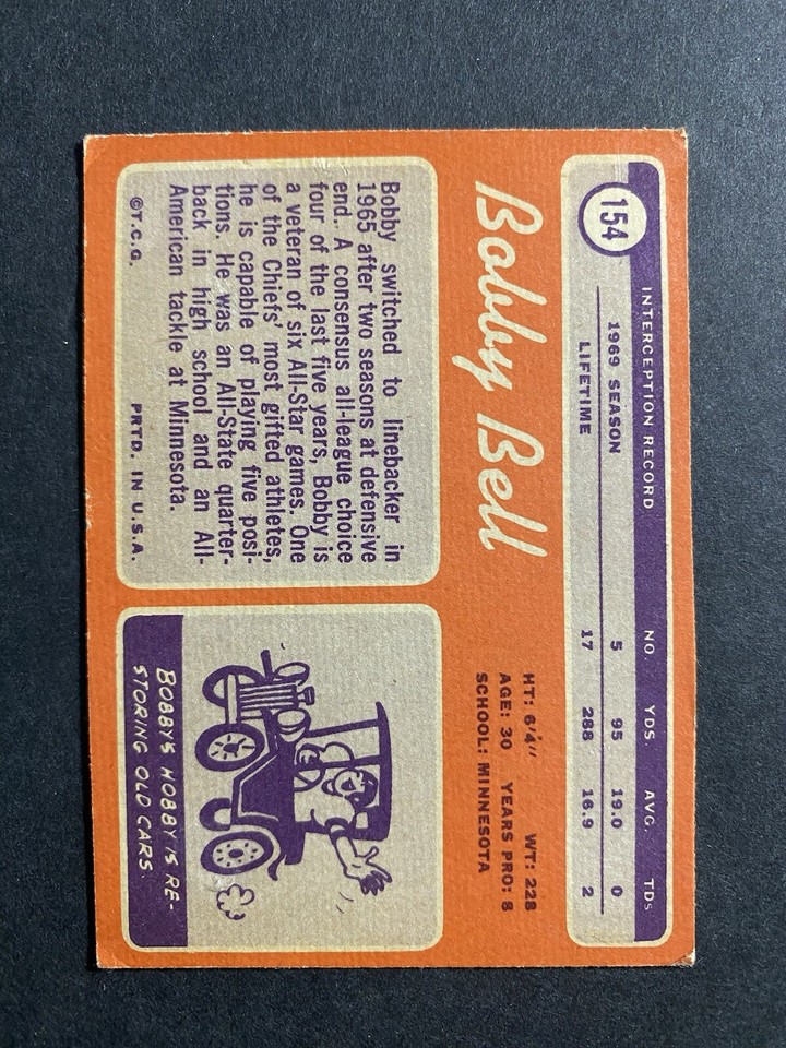 1970 Topps Football Bobby Bell Kansas City Chiefs Card #154 Hall of ...