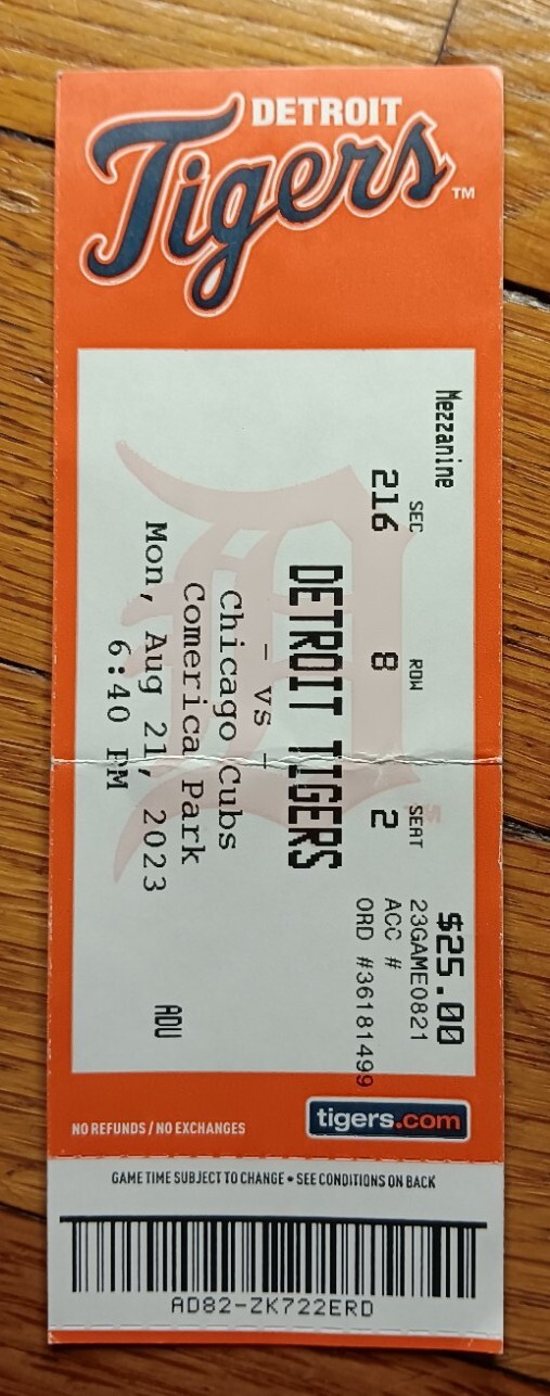 8/21/2023 Detroit Tigers vs Chicago Cubs Ticket Stub Parker Meadows MLB ...