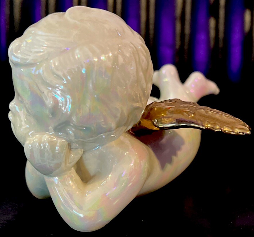 Vintage Cherub Angel Laying Down Ceramic With Wings And Bow Gold Wings ...