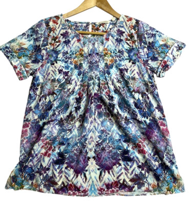 Women's Soft Surroundings Purple Blue Pleater Short Sleeve Flowy Blouse ...