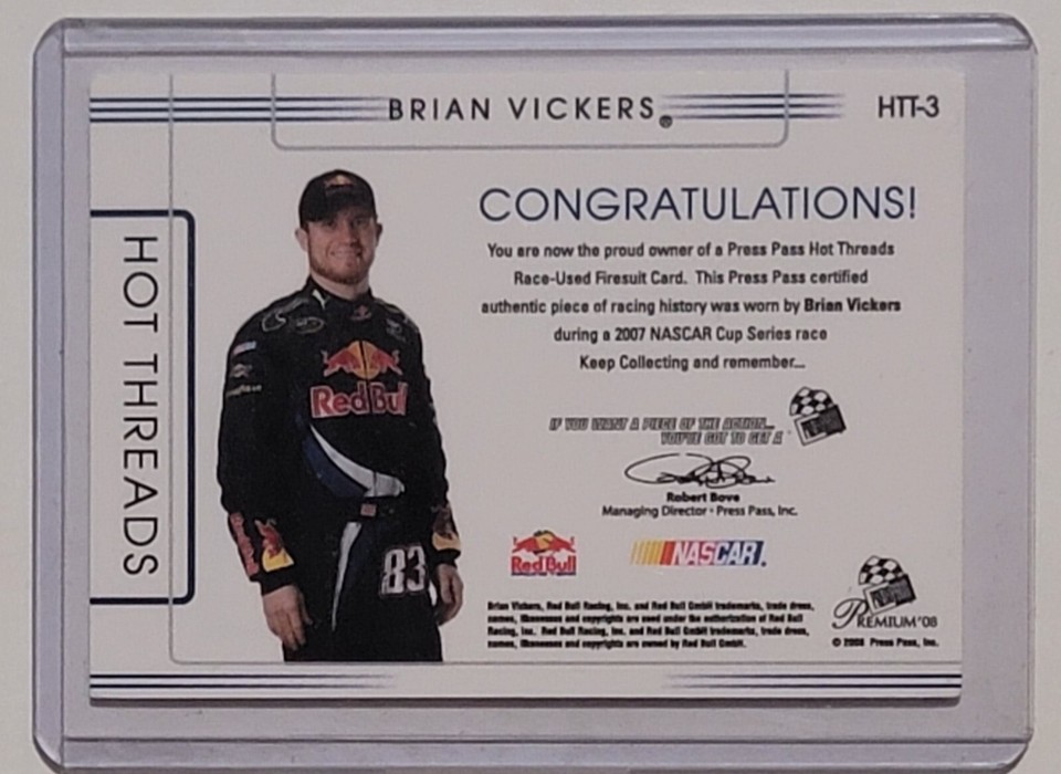 Brian Vickers NASCAR Red Bull 2008 Press Pass Premium Hot Threads ...