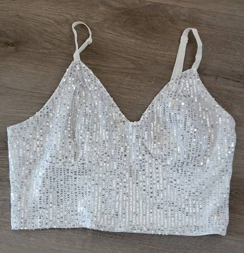 Women's SILVER SEQUIN WHITE BRA CROPPED TANK TOP ZIP BACK~M NEW | eBay