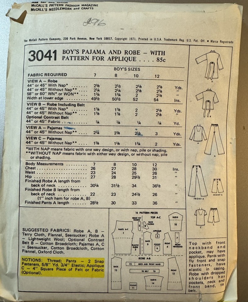 Vtg McCall's pattern 3041 Boy's Pajama & Robe with applique size 7 ...