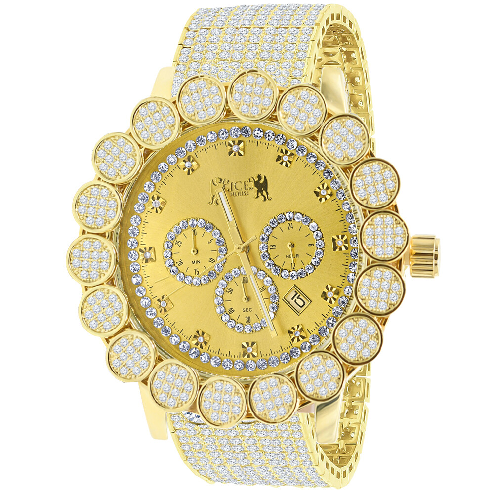 18K Gold Finish Simulated Diamond Cluster Micro Pave Flower Men's Watch ...