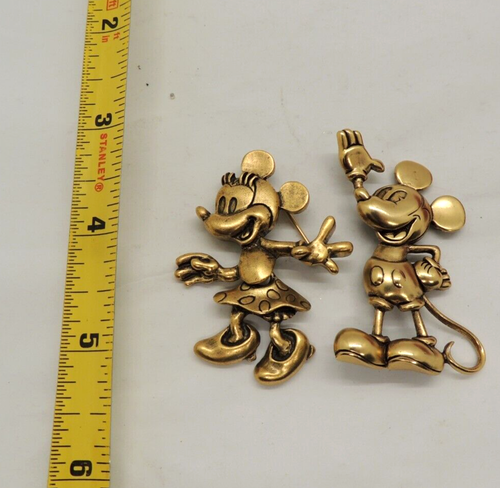 Disney Mickey & Minnie Mouse Gold Tone Pin Brooch Set Moveable Minnie w ...