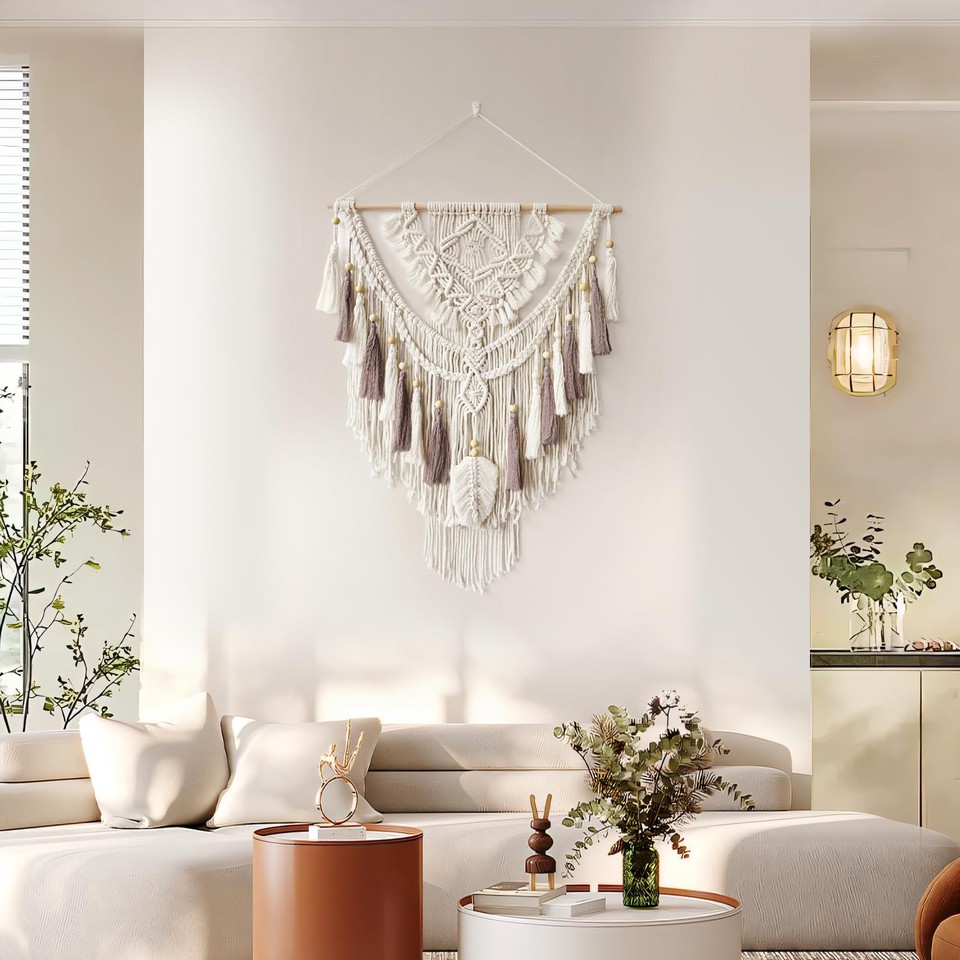 Macrame Wall Hanging, Woven Tapestry Beige & Dusty Rose Handmade Craft ...