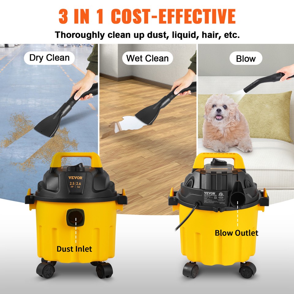 Wet Dry Vac Vacuum Cleaner 2.6 Gallon 2.5 Peak HP 3in1 Shop Vac Blower ...