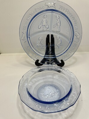 Vintage Set Indiana Tiara Glass Blue Plates Bowl Mother Goose Kids ...