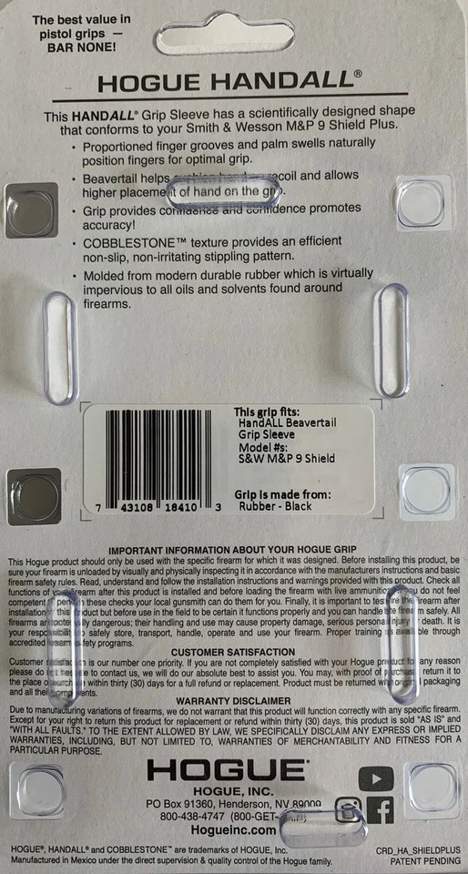 Hogue HandALL Beavertail Grip Sleeve for S&W M&P 9 Shield Plus - Black ...