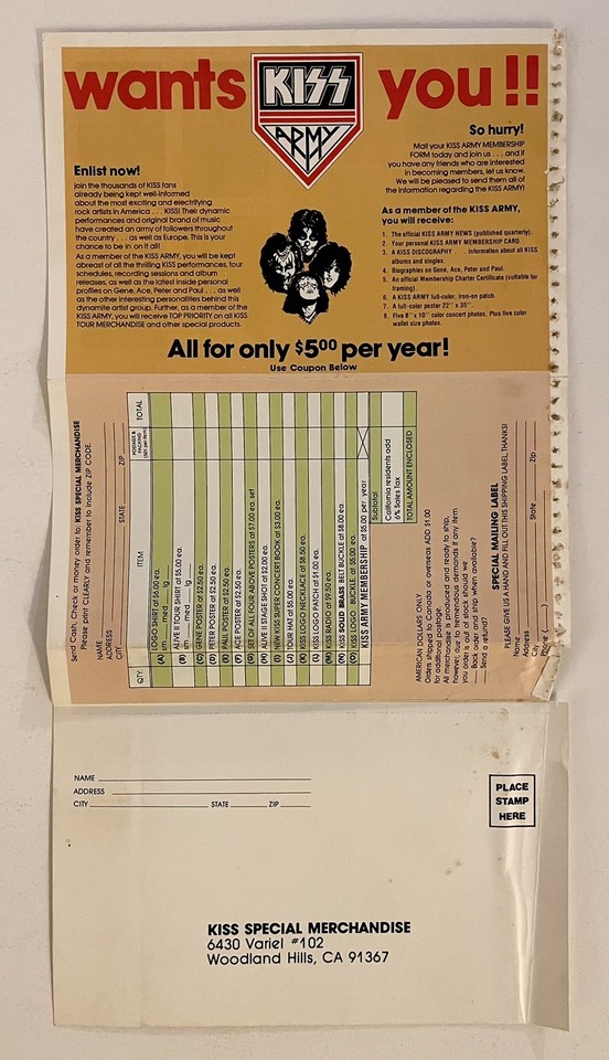 KISS⚡️ALIVE II 1977⚡️Order Form⚡️MERCH INSERT SHEET⚡️AUCOIN Ace Frehley ...
