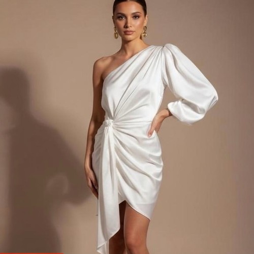 Leo & Lin White Knotted Mini Dress Size 8 One Shoulder Puff Sleeve ...