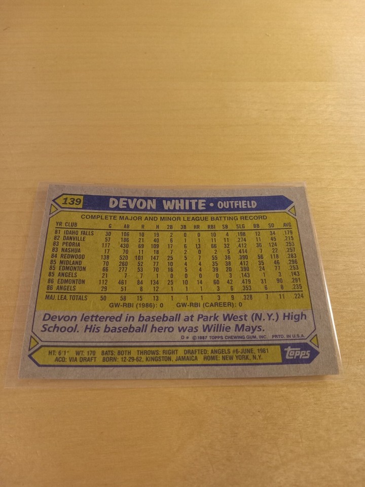 1987 Topps #139 DEVON WHITE California Angels ROOKIE Baseball Card ...