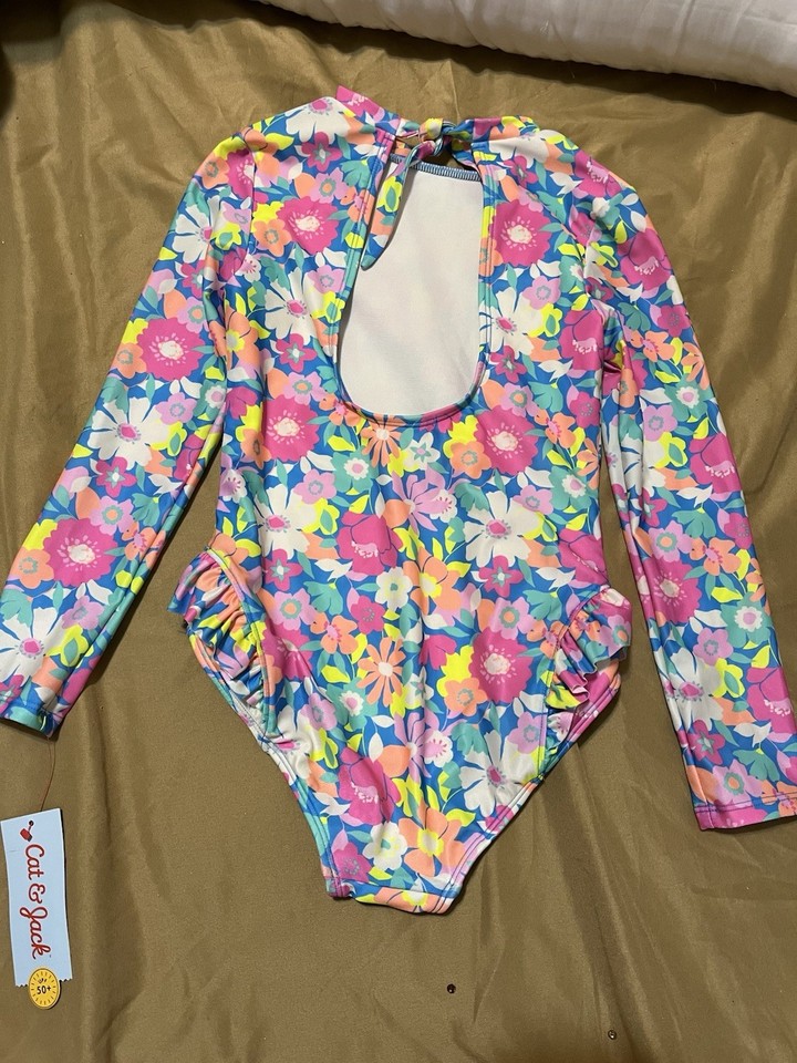 👧 Cat & Jack Girls Rash Guard Swimsuit | Floral Long Sleeve One Piece ...
