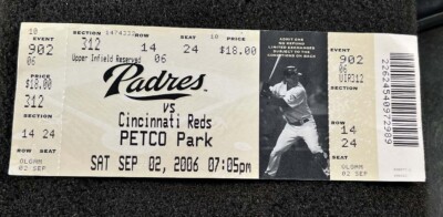 San Diego Padres Cincinnati Reds Sept 2 2006 Ticket Stub Jake Peavy 14 ...