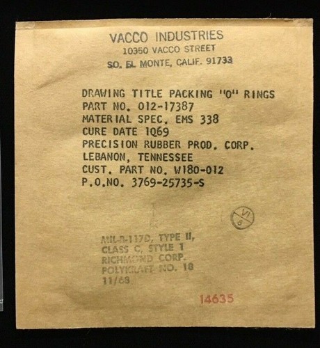 APOLLO ERA SUB-CONTRACTOR VACCO SEALED LEM L.E.M. SPARE PART O RING ...