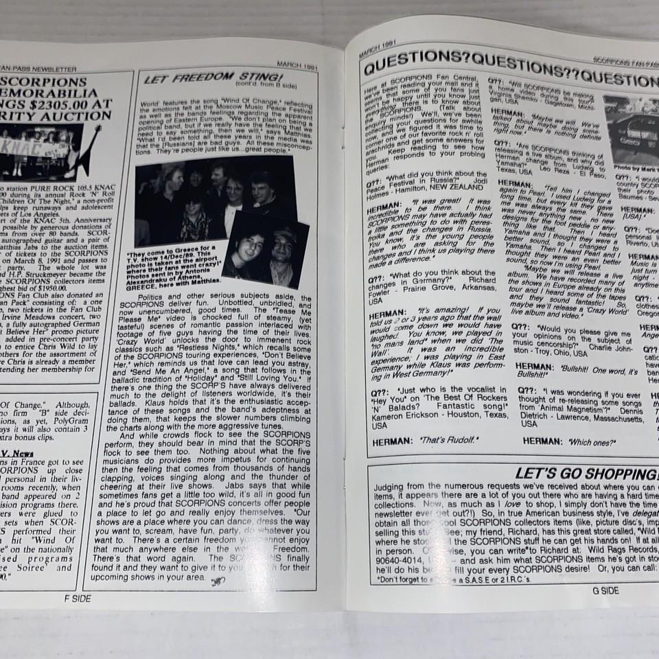 Vintage 1990s The Scorpions Fan Club Newsletter MARCH 1991 Rock Band ...