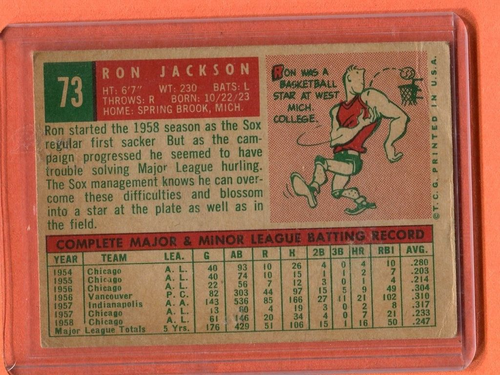 1959 TOPPS BASEBALL CARD #73 RON JACKSON CHICAGO WHITE SOX | eBay