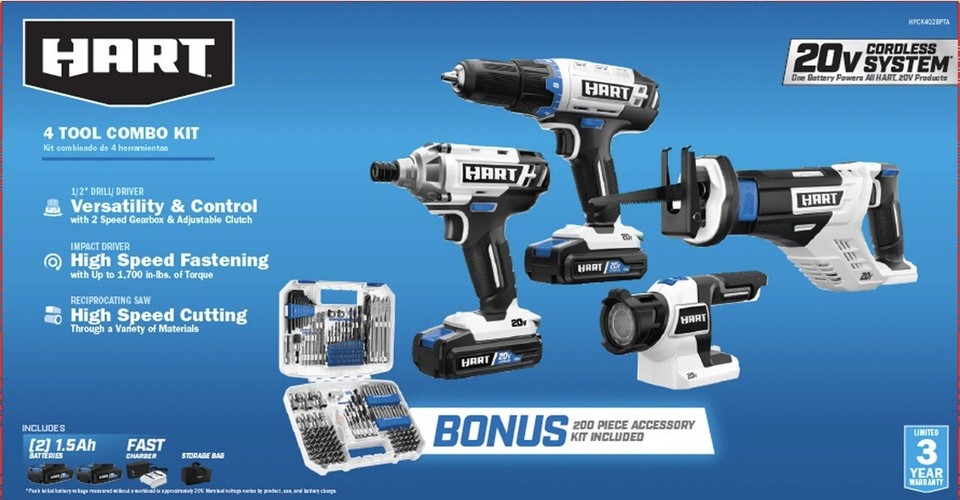 HART - 20V Cordless 4 Tool Combo Set with 200 Piece Accessory Kit and ...