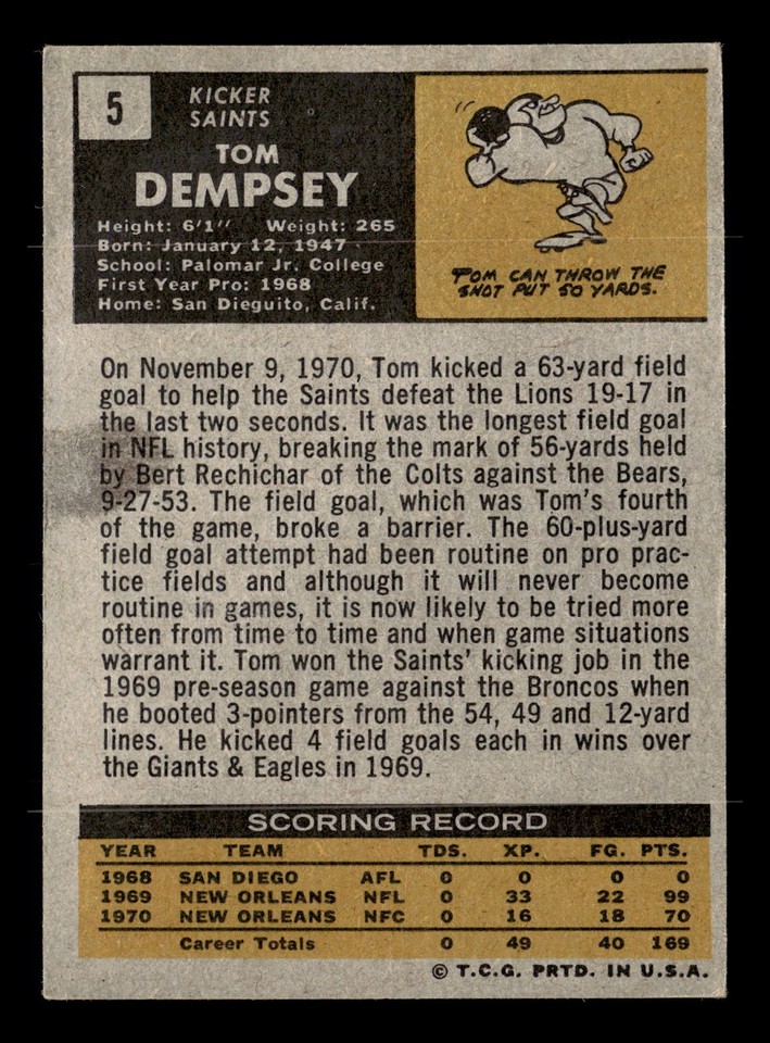 Tom Dempsey 1971 Topps #5 New Orleans Saints Poor | eBay
