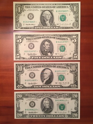 1995 Rare $1 $5 $10 $20 New York (B) Fed Reserve Star Note Collection ...