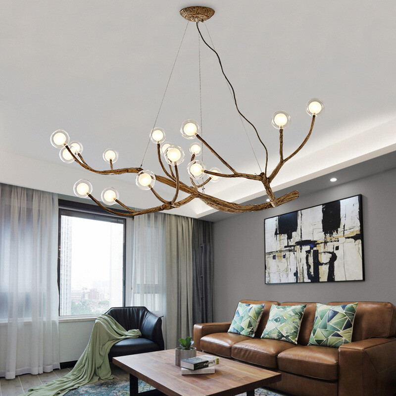 Modern Glass Globe Chandelier Wood Branch Tree Branch Light Ceiling ...