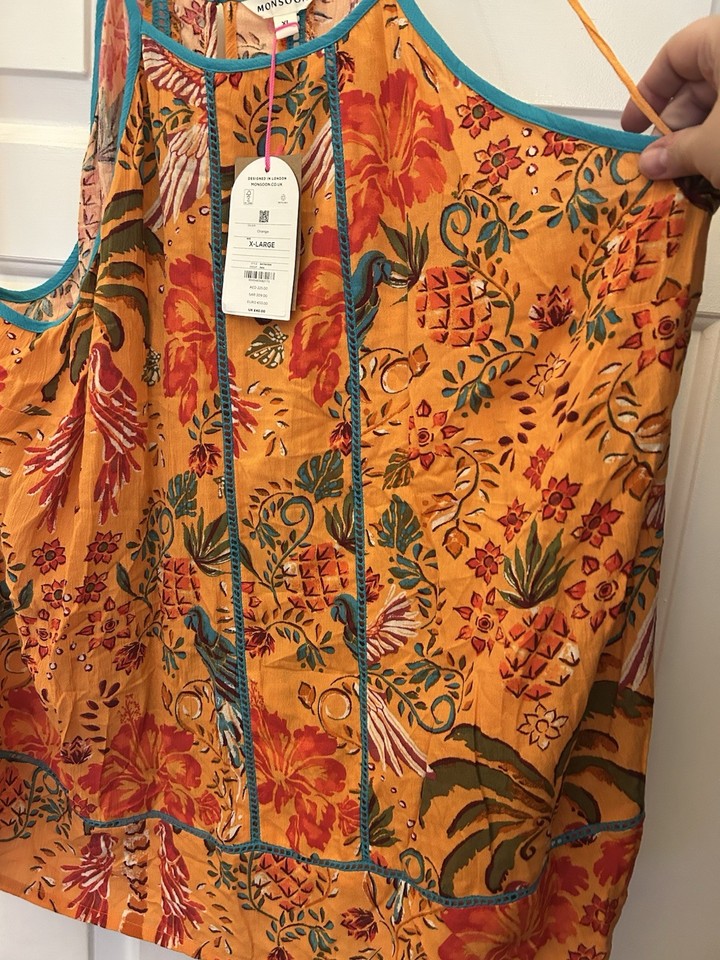 Monsoon Orange Bird Tropical Print top size XL RRP £40.00 | eBay UK