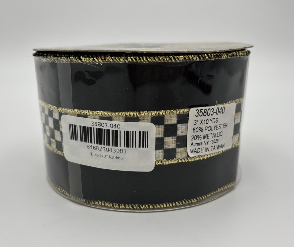 New Mackenzie Childs Tuxedo 3” Wired Ribbon Black Courtly Check 10 ...