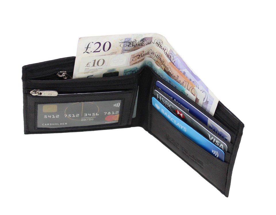 MENS RFID BLOCKING REAL LEATHER SLIM WALLET WITH ID & SECURE ZIP COIN ...
