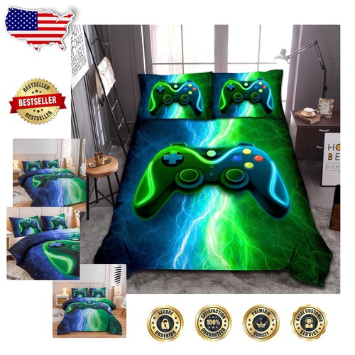 Vibrant Blue-Green Gaming Bedding Set - Full Comforter for Boys' Rooms ...