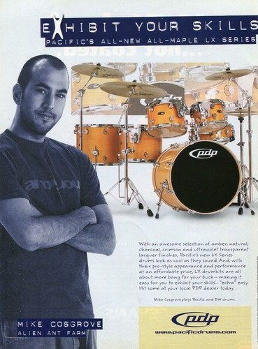2003 Print Ad of PDP Pacific LX Maple Drum Kit w Mike Cosgrove of Alien ...