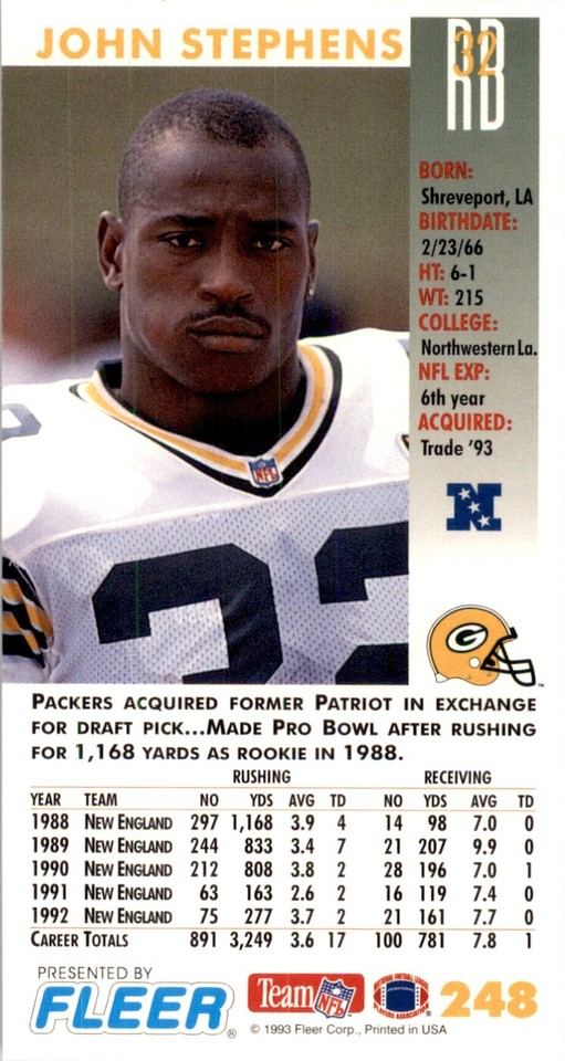 1993 NFL Gameday Tallboy Tall Boy JOHN STEPHENS Green Bay Packers #248 ...