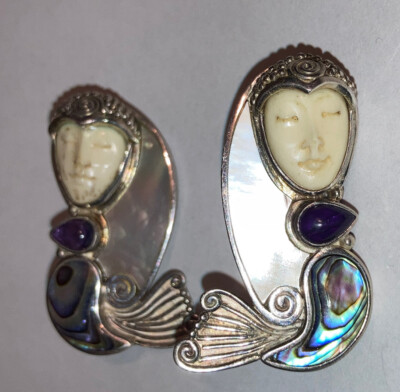 Rare Sajen Goddess Face Sterling Silver Mermaid Earrings Abalone ...