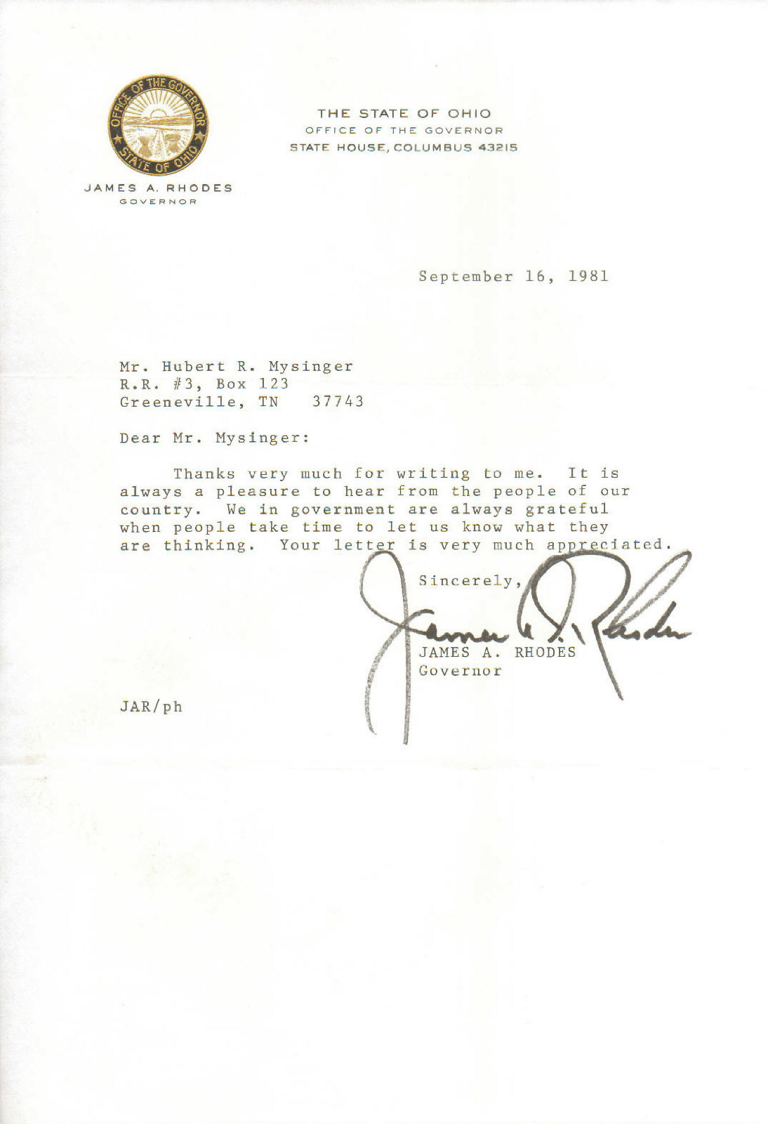 JAMES RHODES (d.2001) - Governor of Ohio (63-71,75-83) - Autograph ...