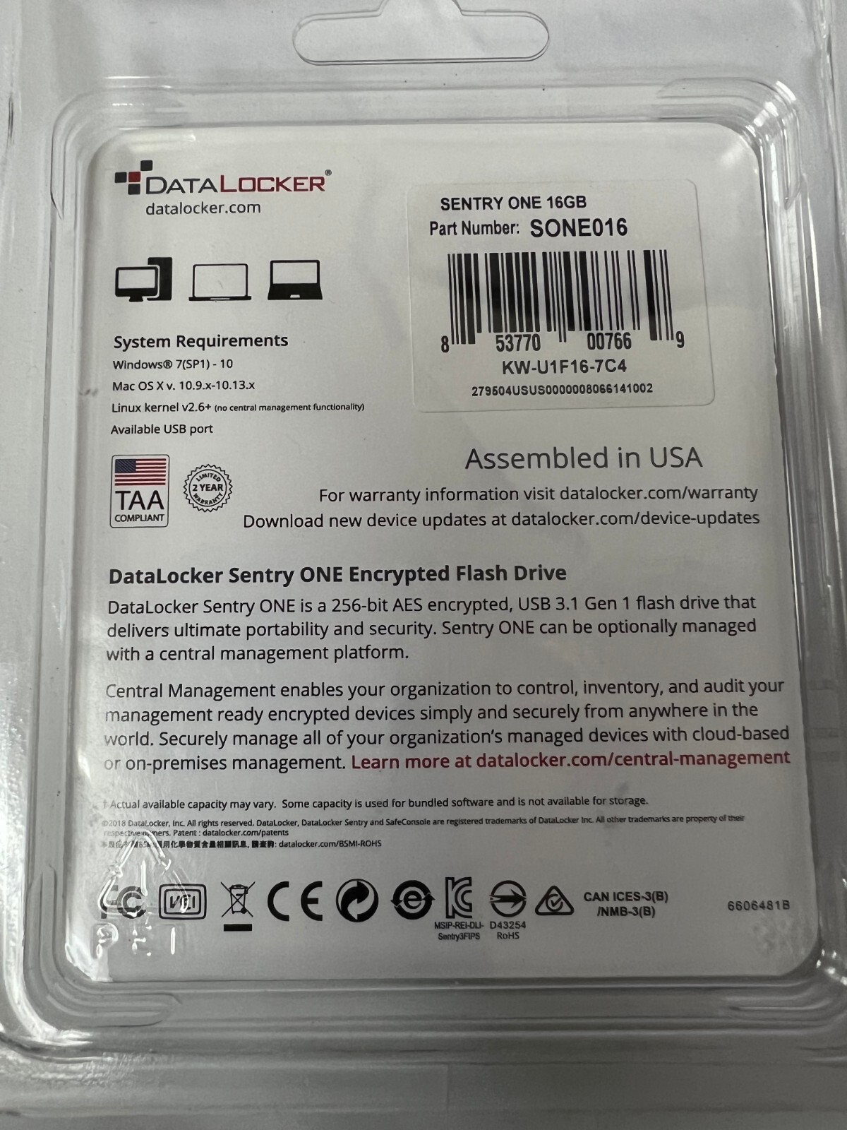 DataLocker SONE016 Sentry One Encrypted Flash Drive 16 GB 256 Bit AES ...