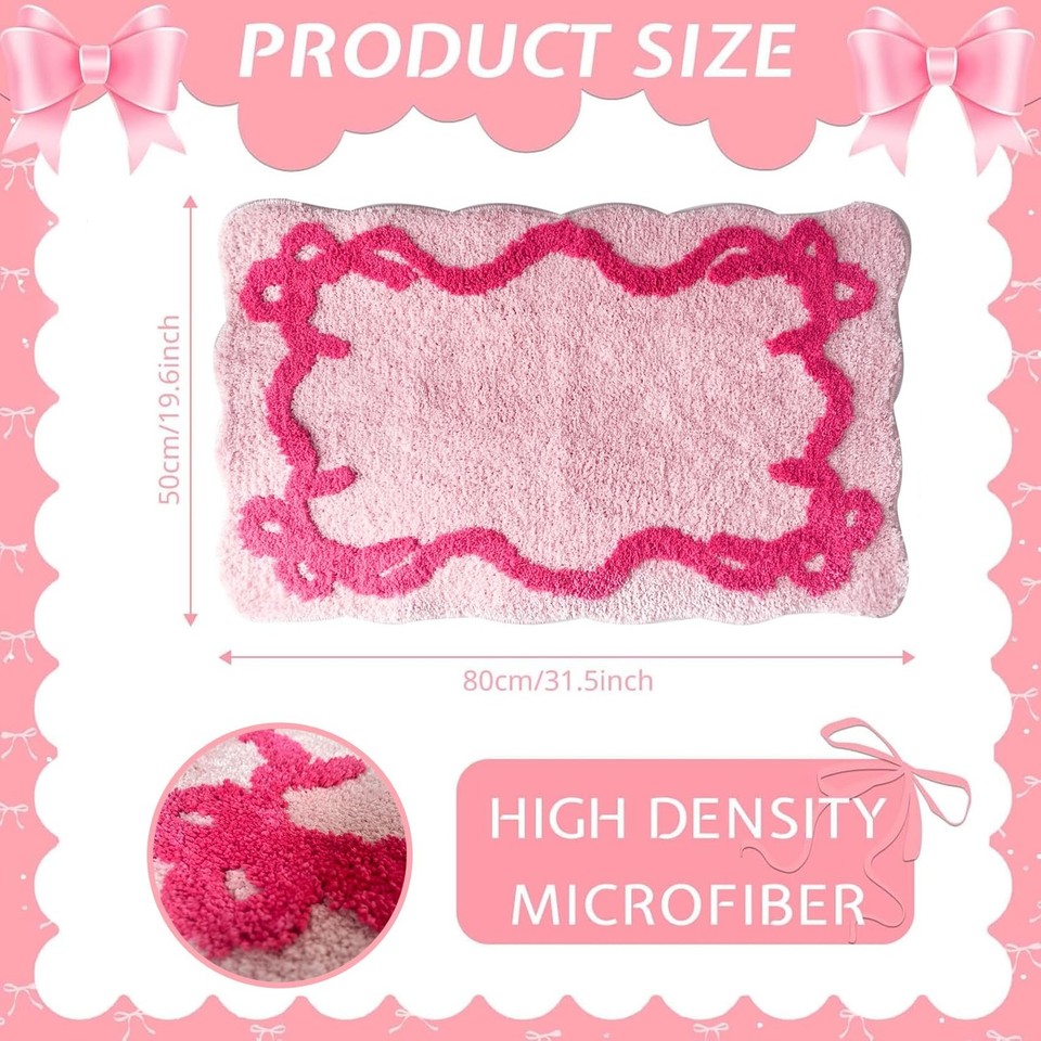 Pink Rose Bow Bath Mat Non Slip Scalloped Bedroom Girly Bow Bath Rug ...