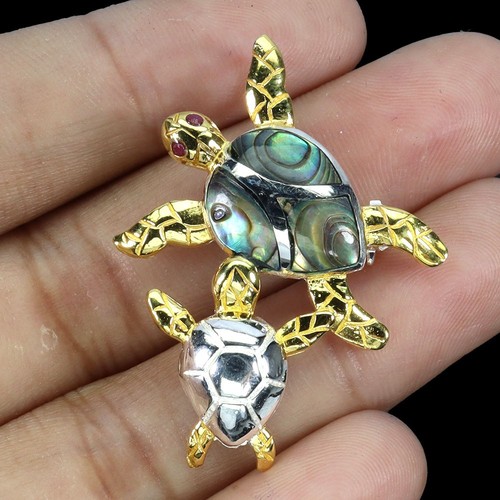 925 Sterling Silver Brooch Pendant Round Ruby Mop Natural Turtle ...