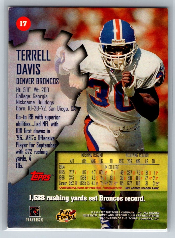 1997 Topps Stadium Club Terrell Davis Denver Broncos #17 | eBay