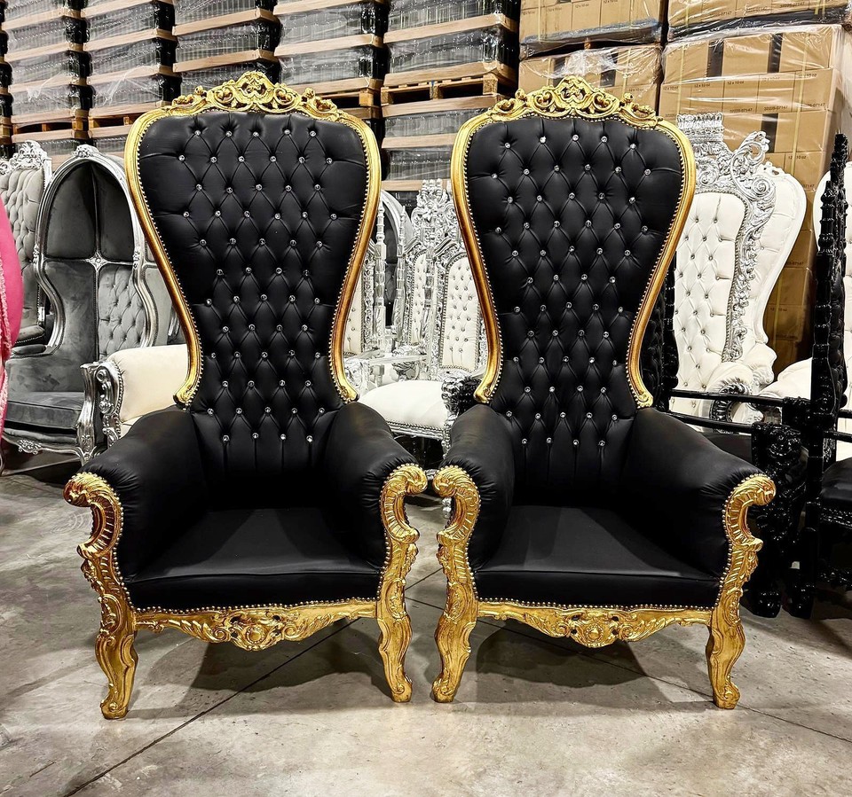 Throne Chair French Style Black Leather High-Back Tufted Gold Throne | eBay