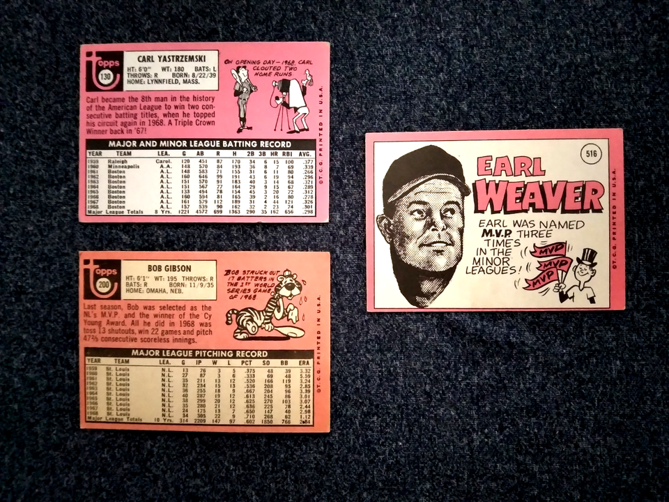 1969 Topps Bob Gibson Carl Yastrzemski Bobby Cox Rookie Baseball Lot 3 ...