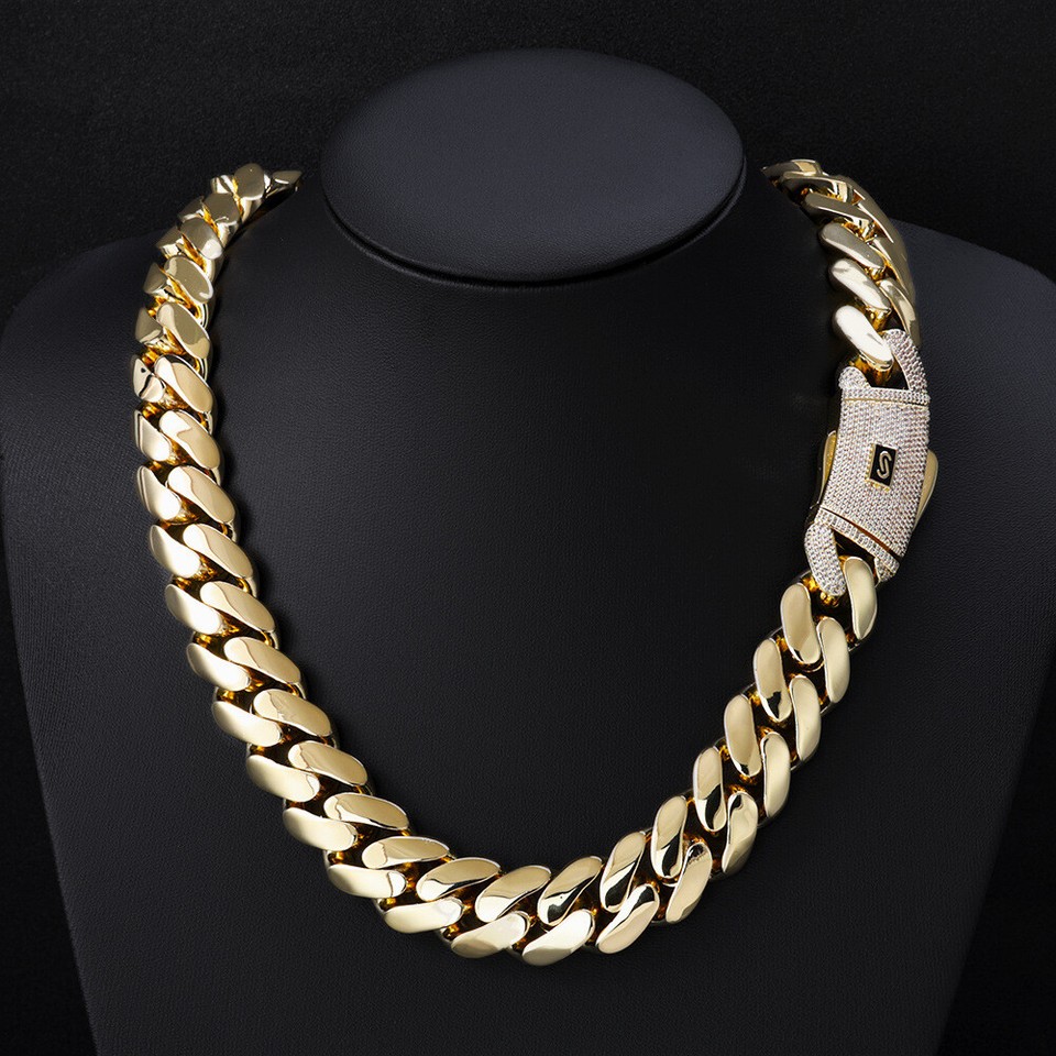 Hip Hop Shiny Miami Cuban Chain Necklace Bracelet 14K Real Gold Plated ...