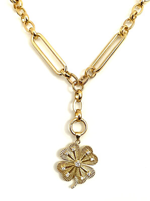 Paperclip Chain Pendant Necklace Gold Four Leaf Clover CZ Medallion ...