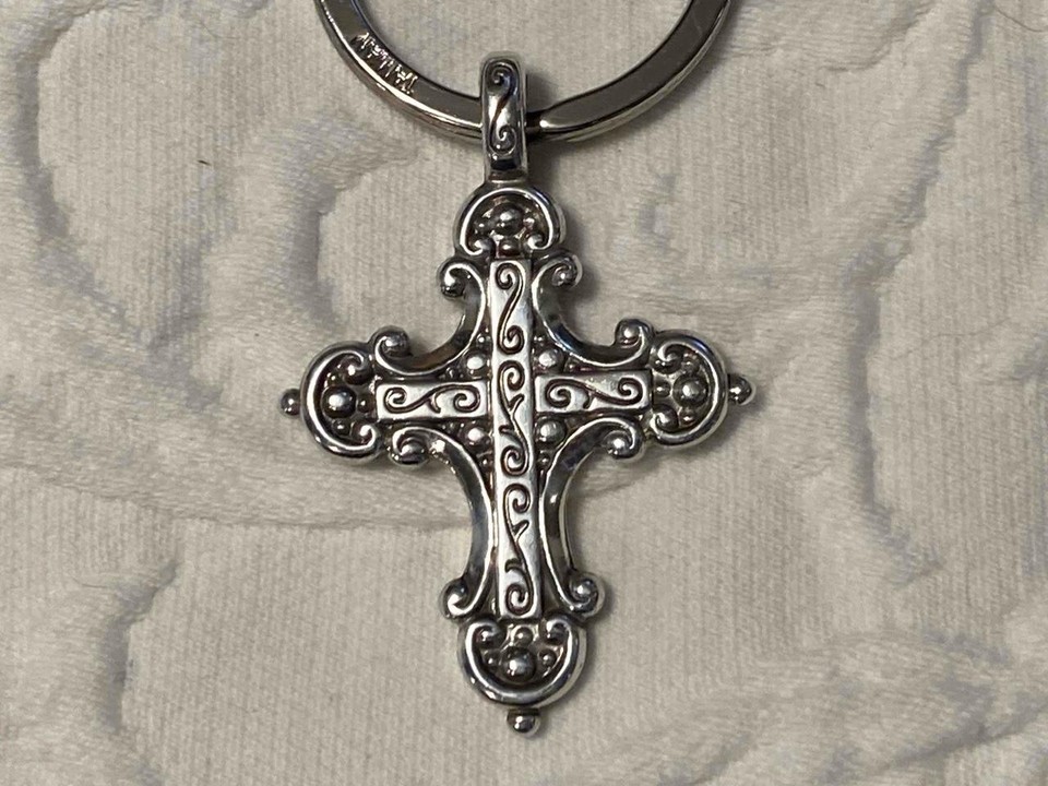 BRIGHTON Silver Crystal Gold Center Large Religious Cross Key Ring Key ...