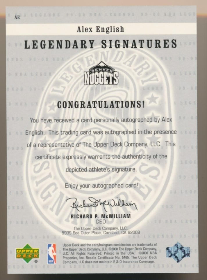 ALEX ENGLISH 1999-00 Upper Deck Legendary Signatures ON CARD AUTO ...