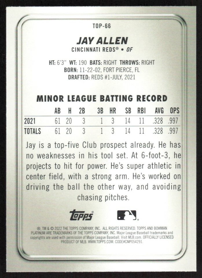 2022 Bowman Platinum Top Prospect Jay Allen #TOP-66 Cincinnati Reds | eBay