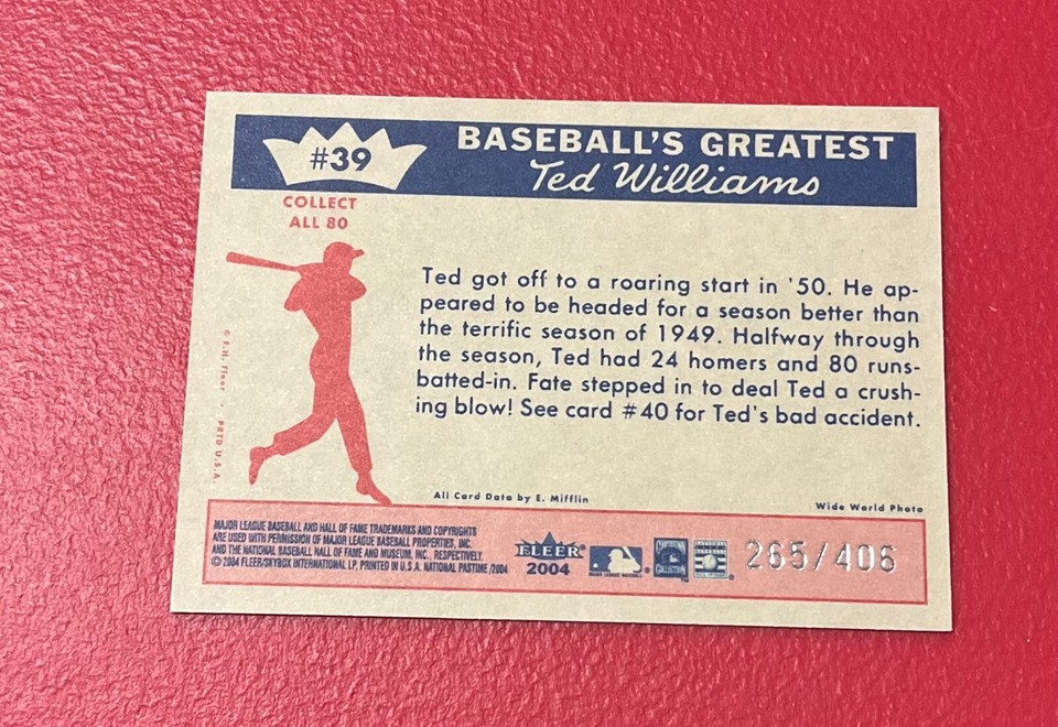 2004 Fleer Ted Williams Baseball's Greatest Great Start /406 Reprint of ...