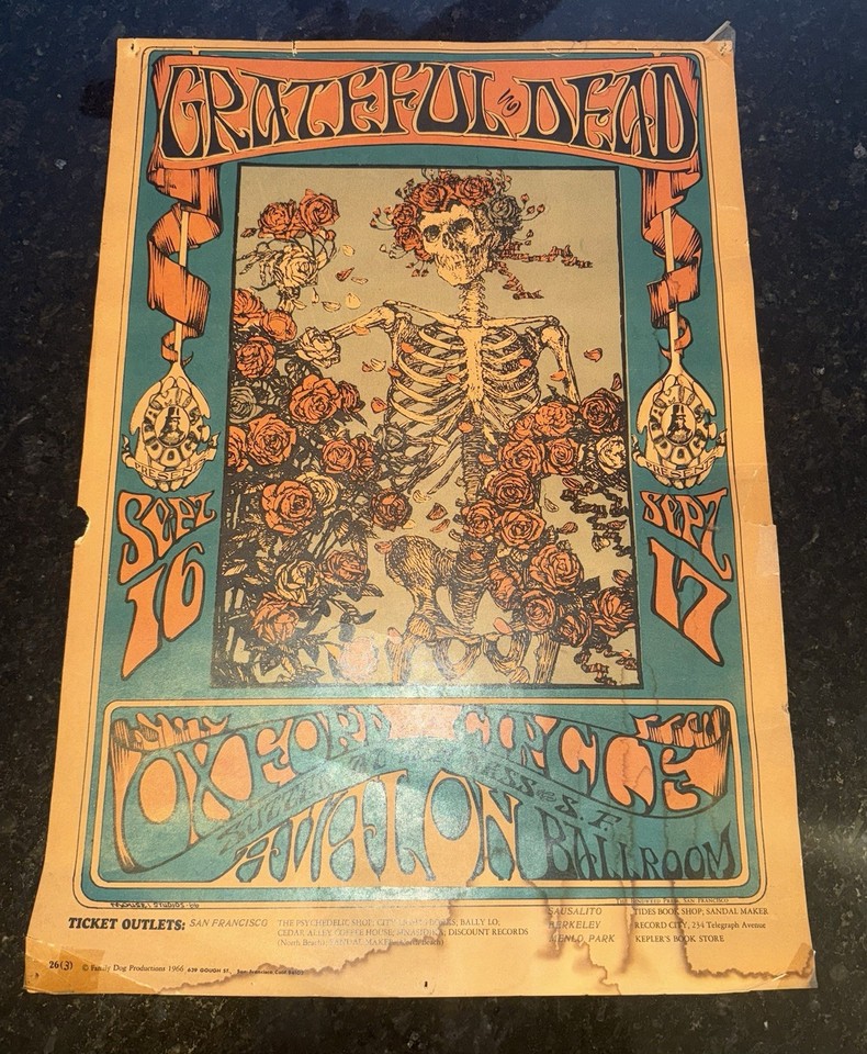 1966 Grateful Dead FD-26-2, Avalon Ballroom ORIGINAL Skeleton & Roses ...