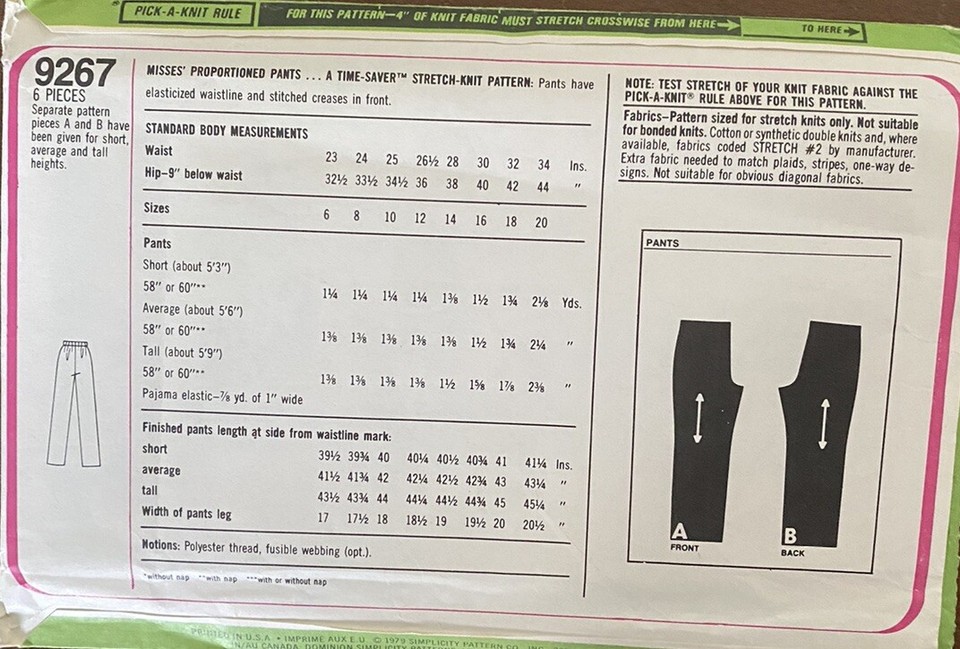 VTG '79 Simplicity Sewing Pattern 9267 Sz. 14-18 Misses Proportioned ...