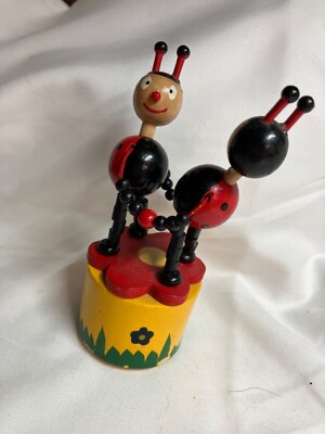 Wood DANCING LADYBUGS Collapsing Push up Toy vintage old school ...