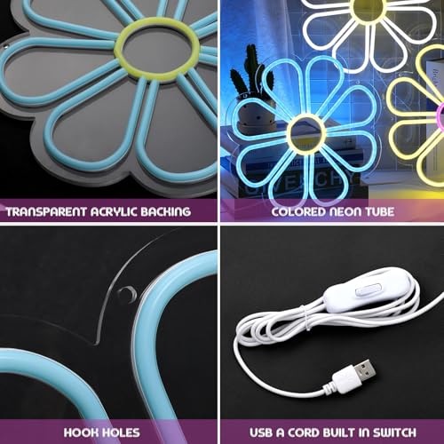 3 Pcs Large Neon Signs - 12.6 Inch Mute LED Flower Light up Signs USB ...